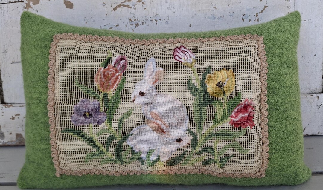 Spring/summer Bunny Needlepoint Wool Pillow/ Vintage Needlepoint /bunny ...