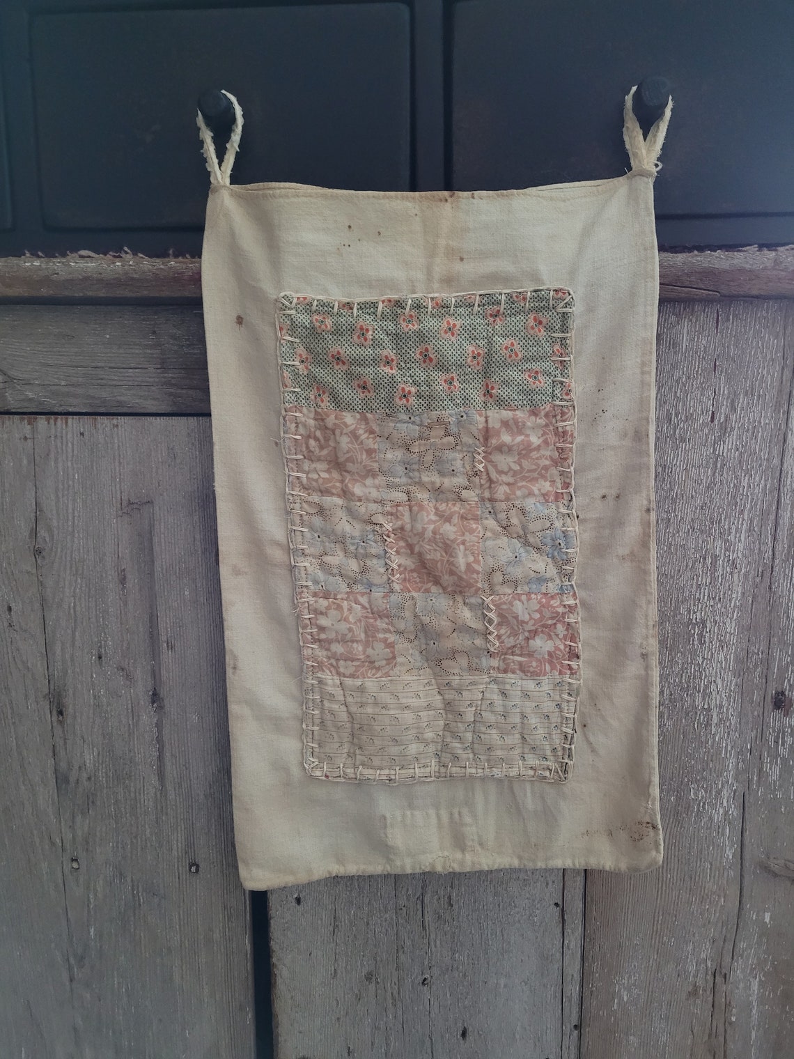 Large Antique Quilted Grain Sack Peg Rail Bag/ Primitive Peg Rail Bag ...