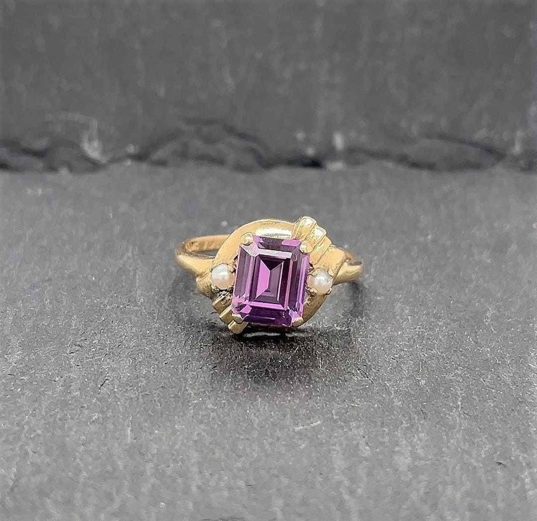 Vintage 10K Yellow Gold Amethyst and Pearl Ring Size 6 1/2 - Etsy