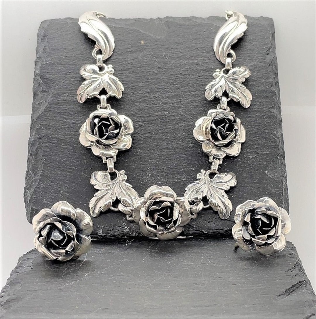 Vintage Sterling Silver Roses Necklace and Screw Back French Back ...