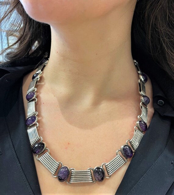 Vintage Sterling Silver Amethyst Heavy Chain Necklace… - Gem