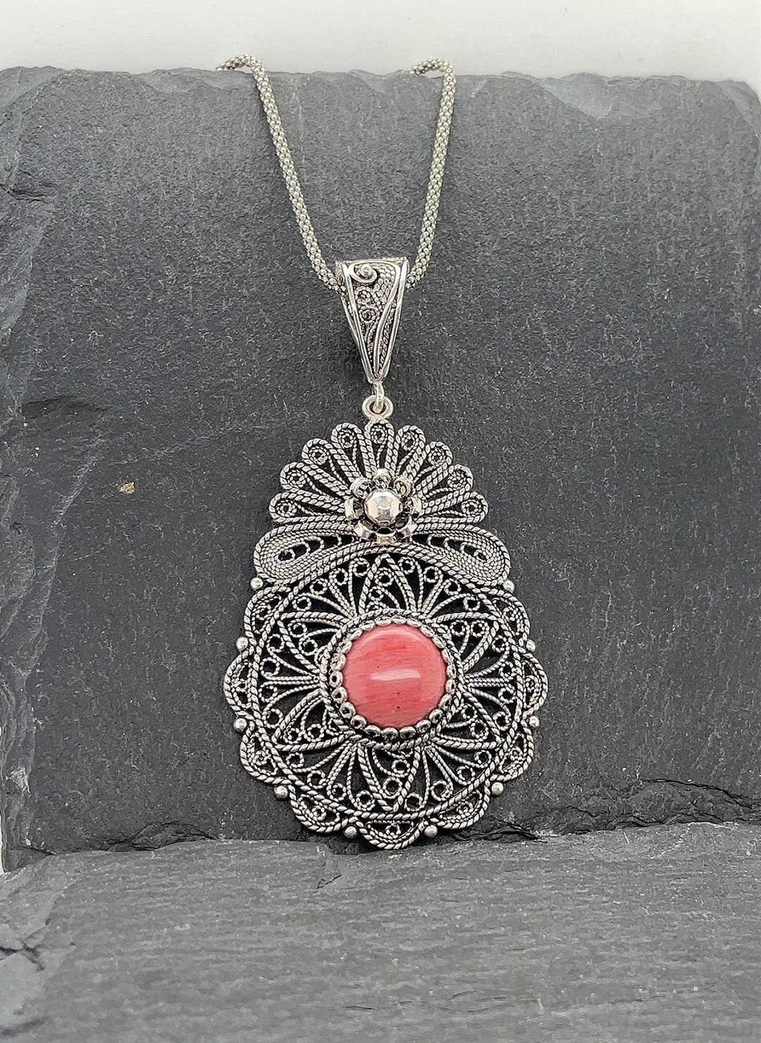 Vintage Sterling Silver Telkari Filigree Rhodonite Necklace Turkish ...