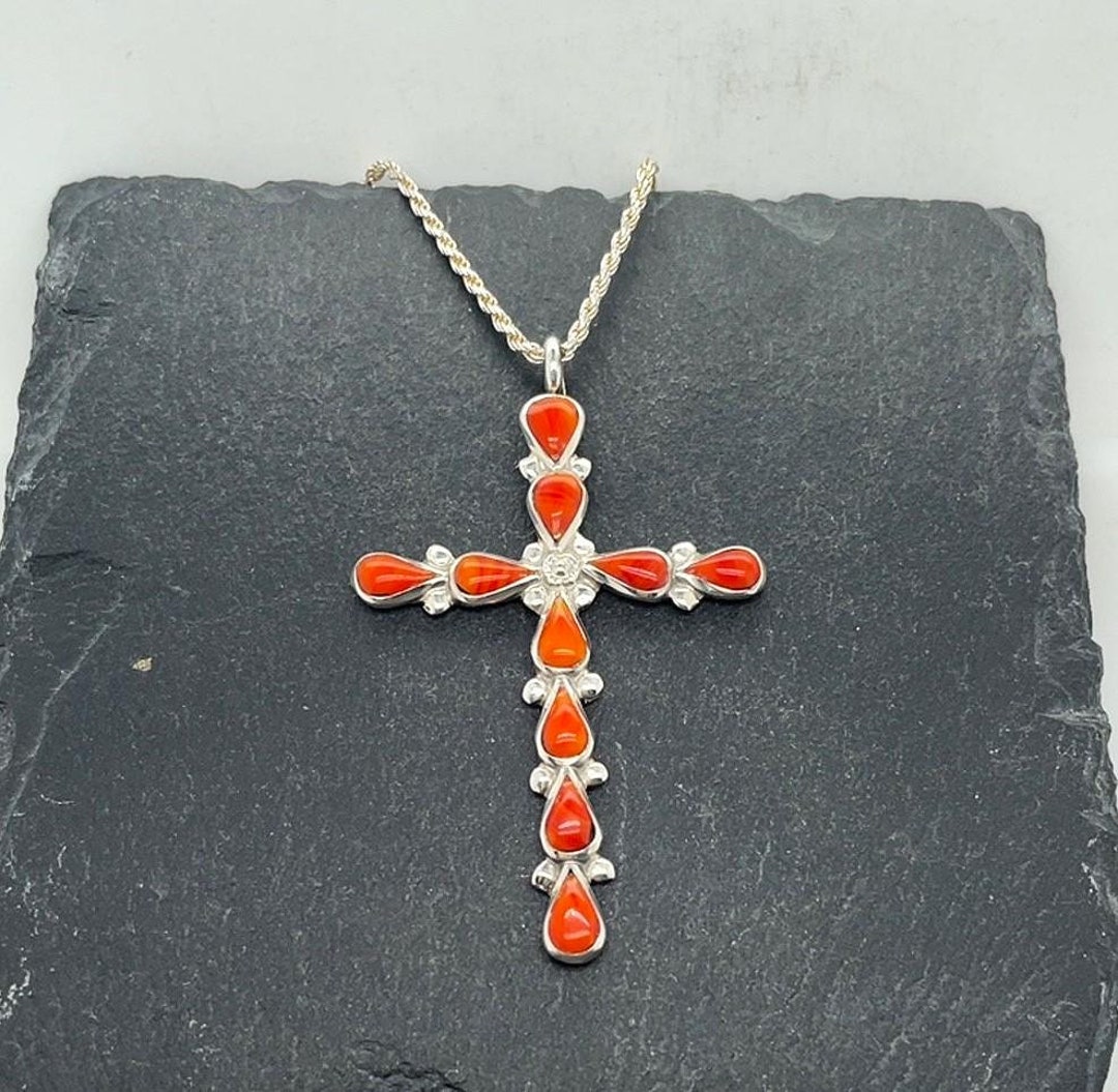 Vintage Sterling Silver Red Coral Cross Necklace Southwestern Jewelry ...