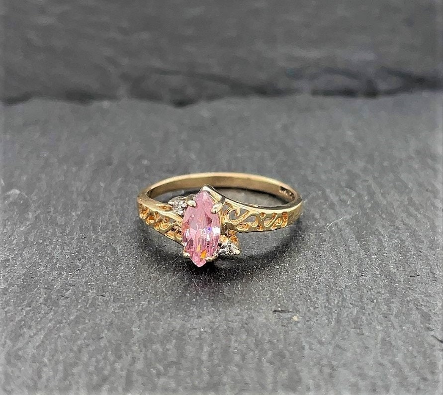 Vintage 10K Yellow Gold Pink Ice Cubic Zirconia CZ and Vintage 10K Yellow Gold Pink Ice Cubic Zirconia CZ and