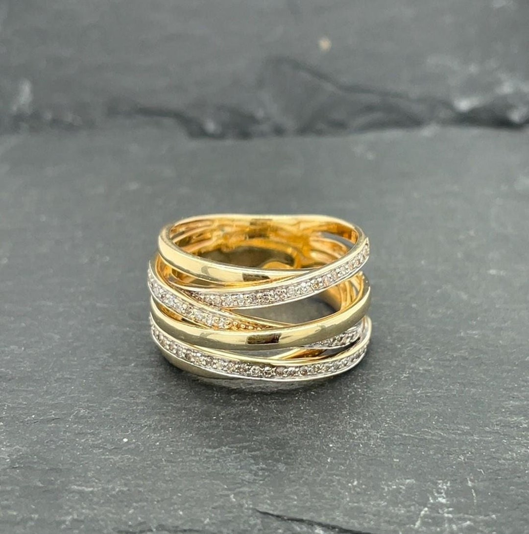Vintage 14K Yellow Gold Cross Over Diamond Ring Band Multi Band Size 7 ...