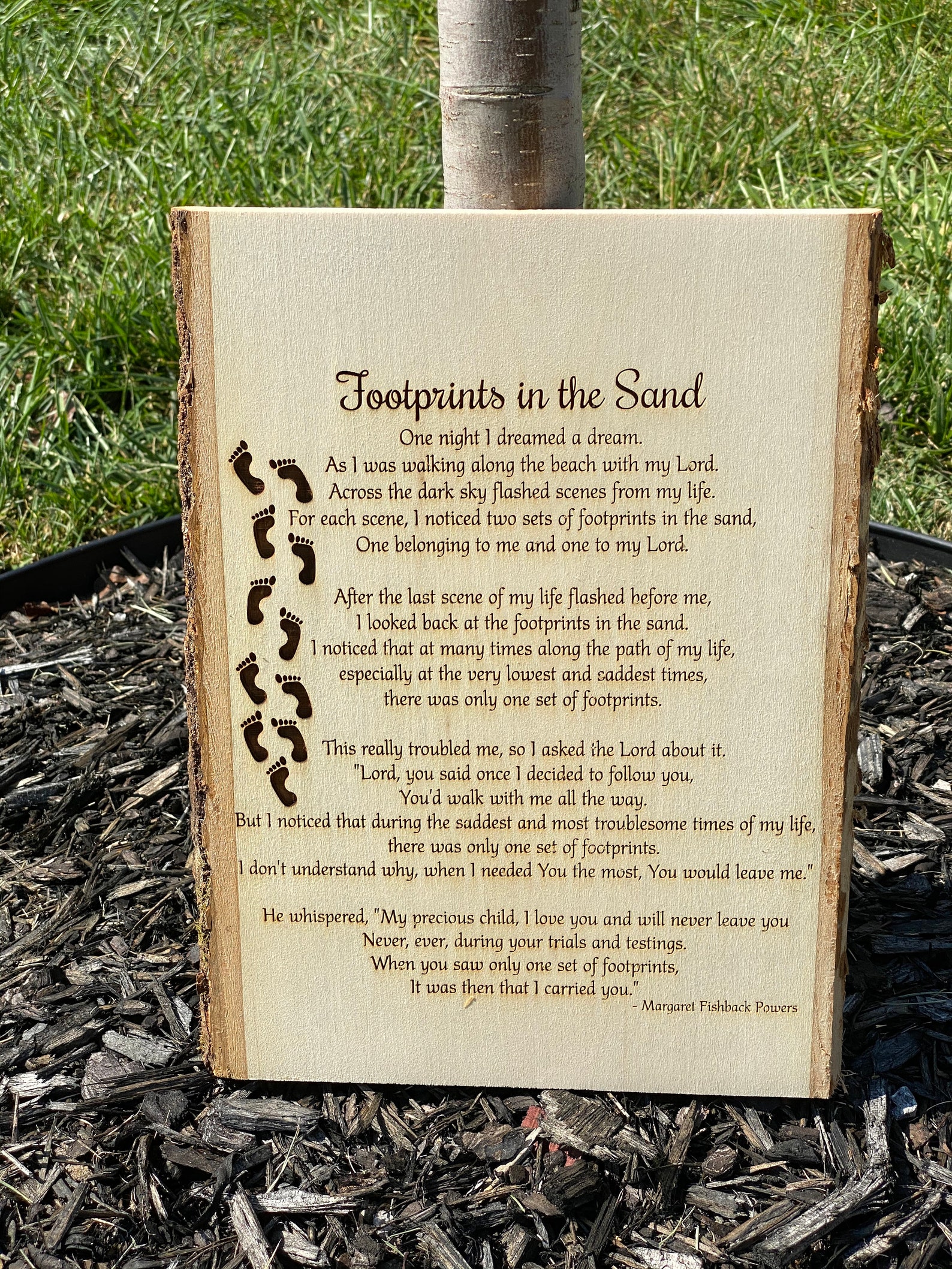 Footprints in the Sand Engraved on Natural Wood With Bark - Etsy