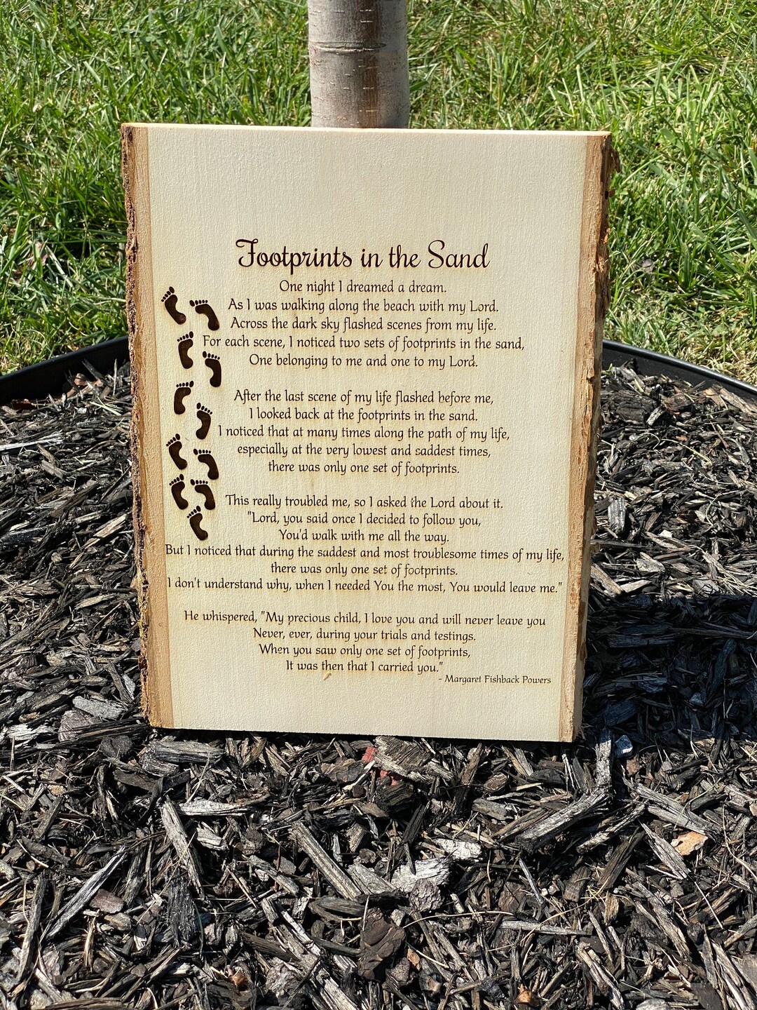 Footprints in the Sand Engraved on Natural Wood With Bark - Etsy