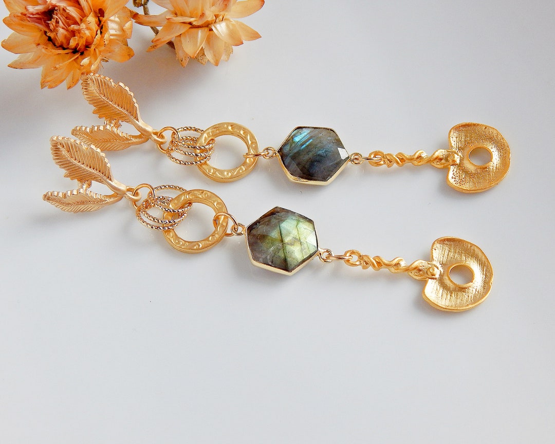 Statement Extra Long Earrings, Labradorite Dangle Earrings, Drop Gold ...