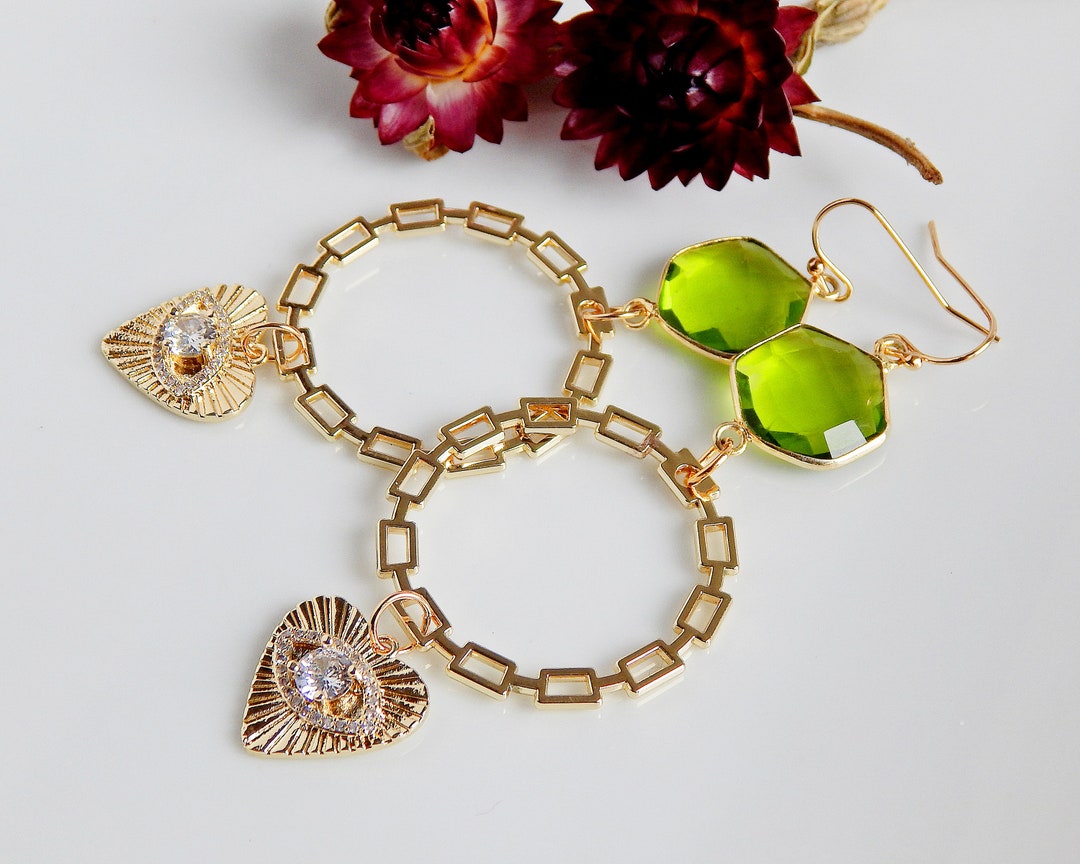 Big Long Gold Hoops, Unique Hoops With Heart Charms, Dangle Green ...