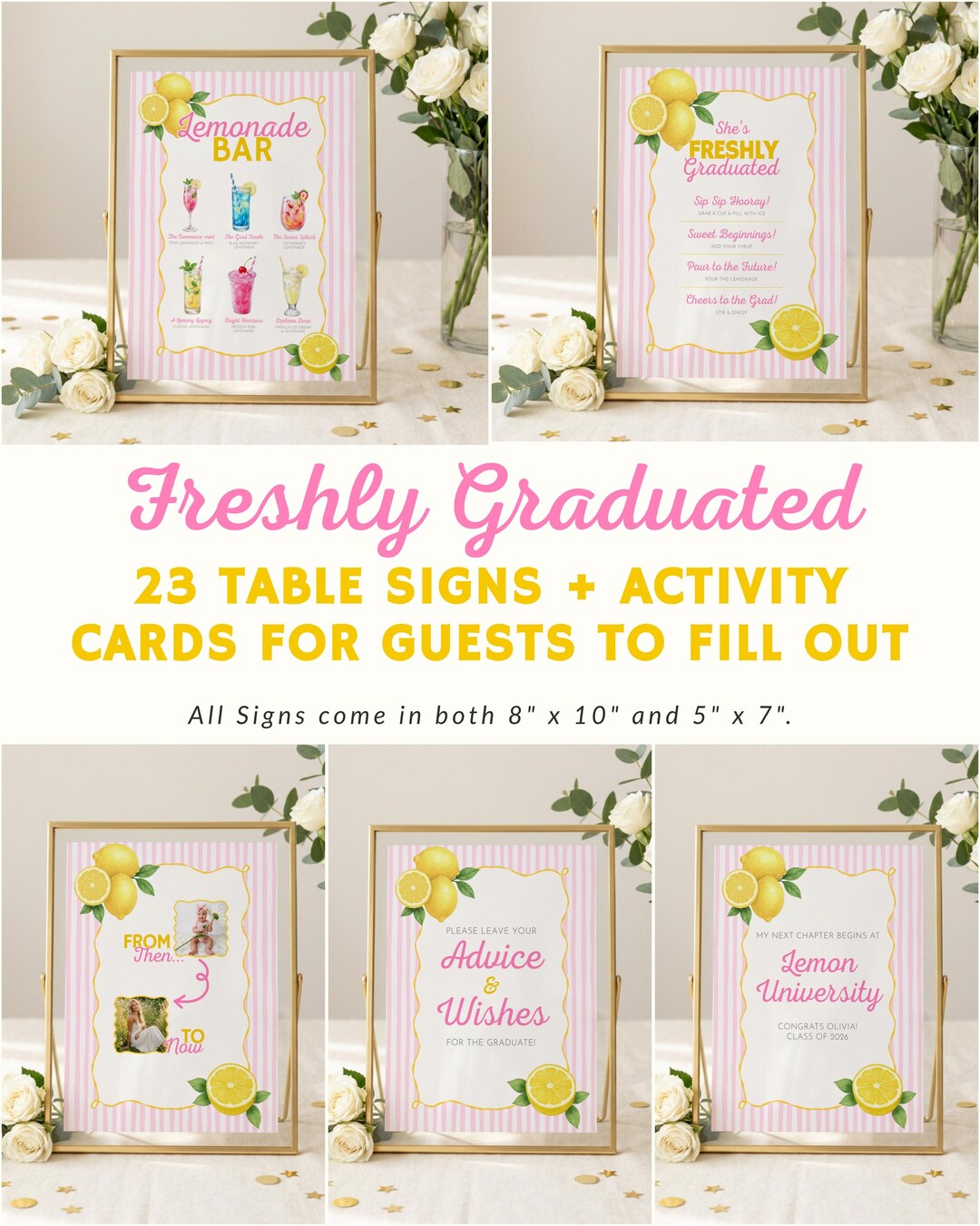 Freshly Graduated Table Signs, Graduation Party Decor, Lemonade Bar ...