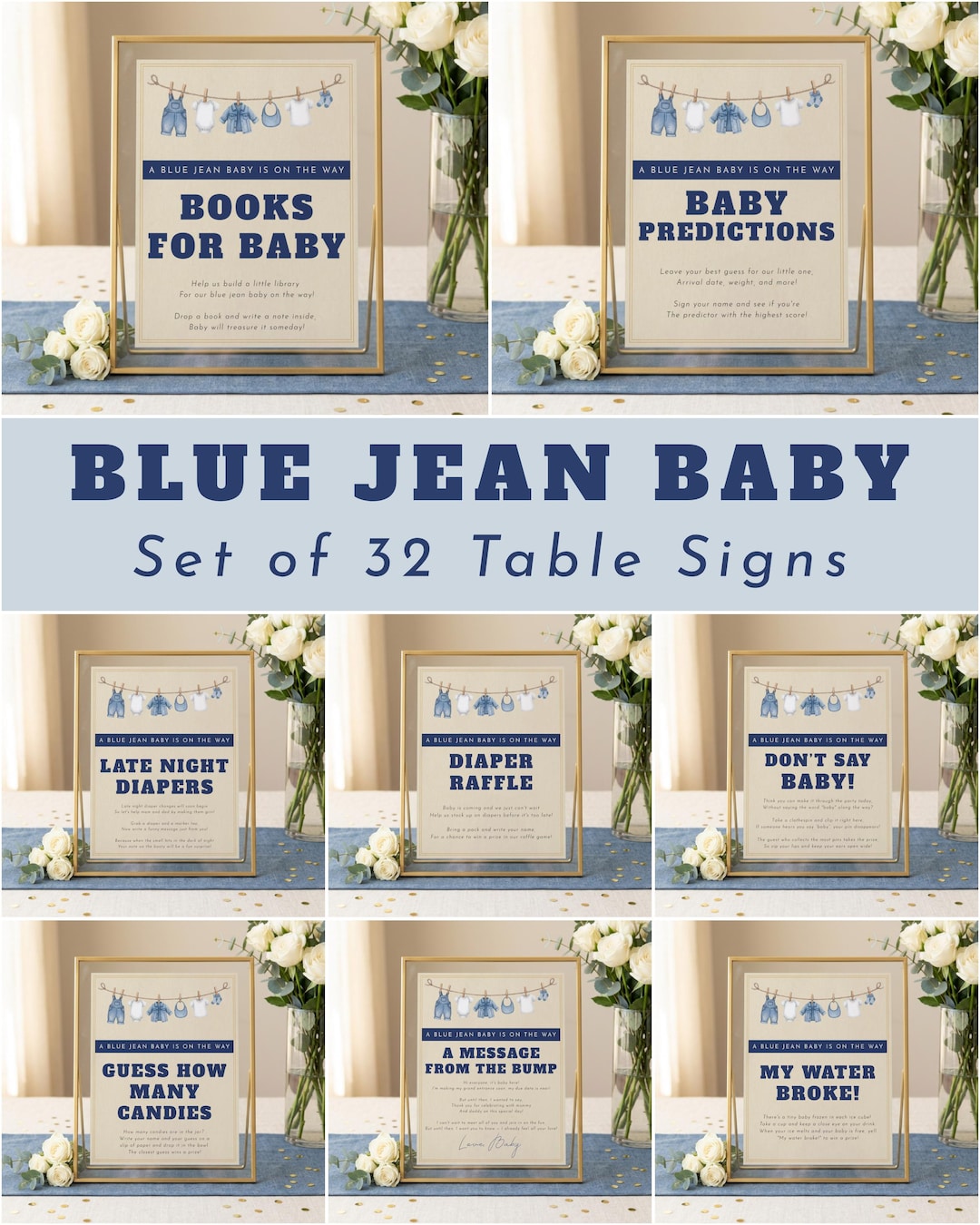 Blue Jean Baby Table Signs Bundle, Boy Baby Shower Set, Mom-osa Bar ...