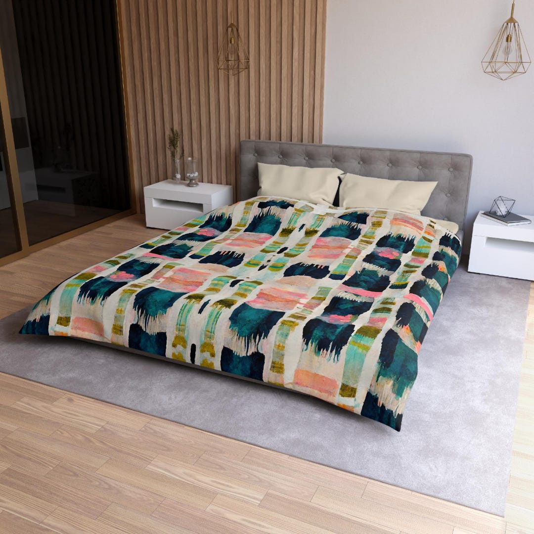 Pink, Teal, Green, Indigo IKAT Mirrored Duvet | Abstract Modern Art ...