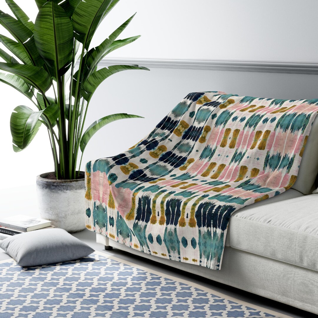 Ikat Style Blockprint Inspired Blanket, Boho Throw Blanket, Textile ...