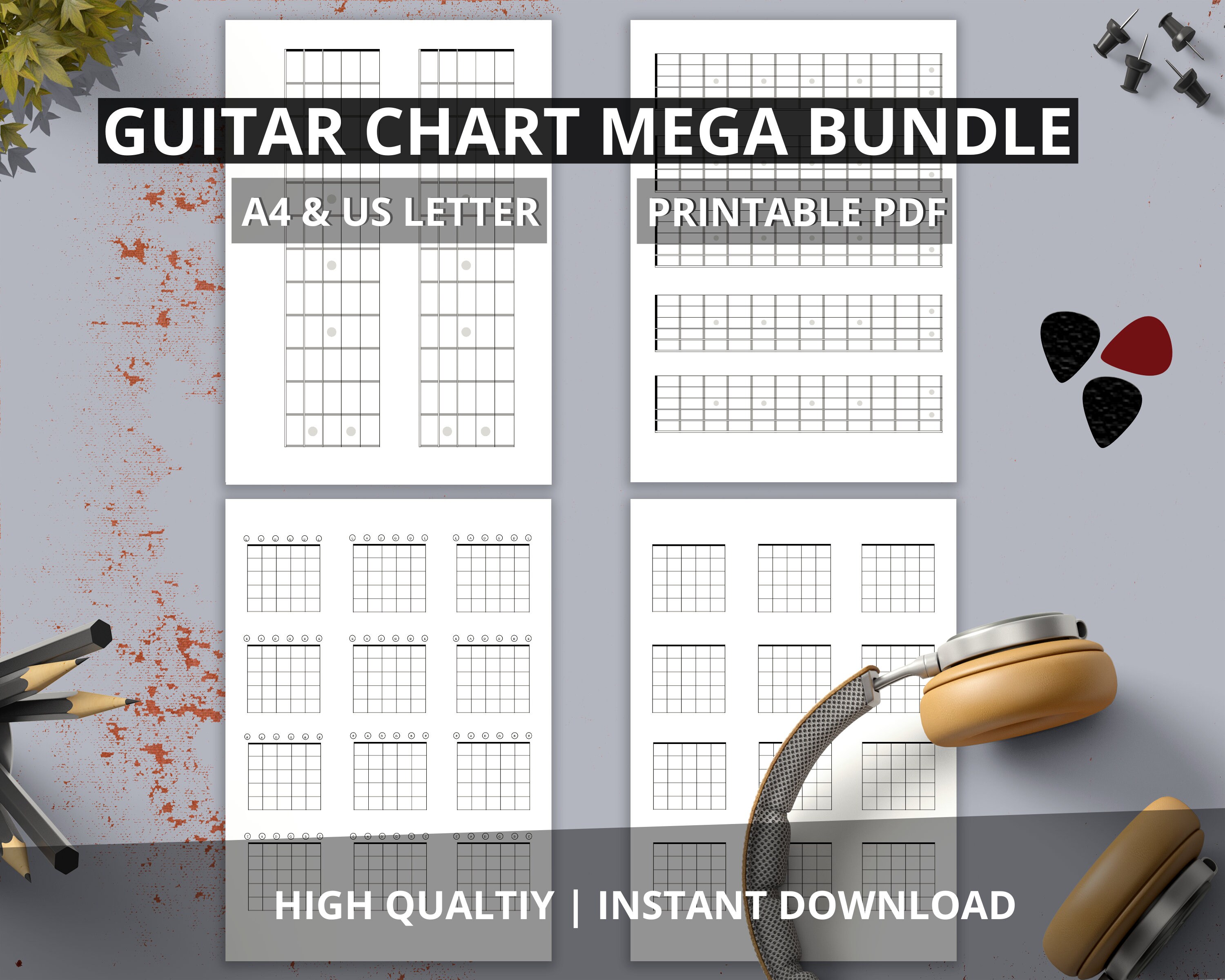 Guitar Chart Mega Bundle - Printable A4 PDF - Chord Charts, Tablature ...