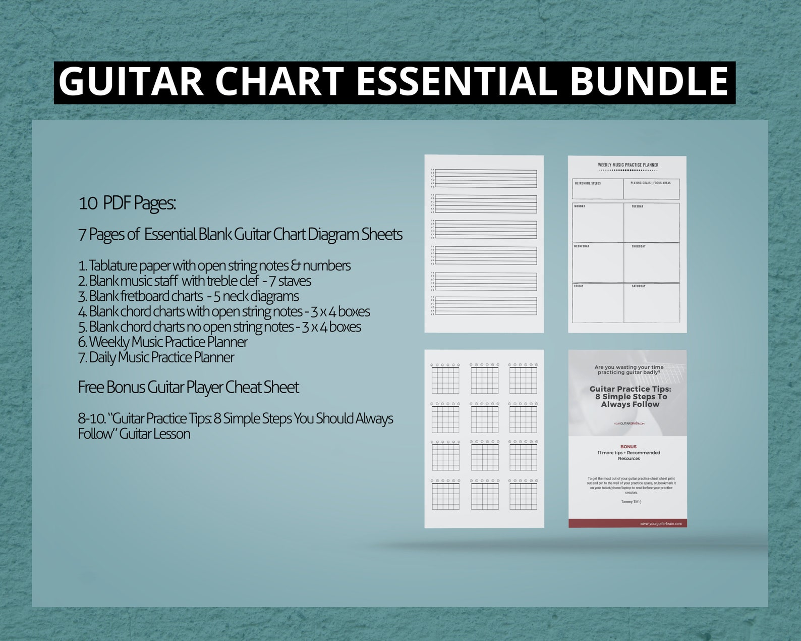 Guitar Chord Chart Bundle: Tablature, Fretboard & Practice Planner (PDF ...