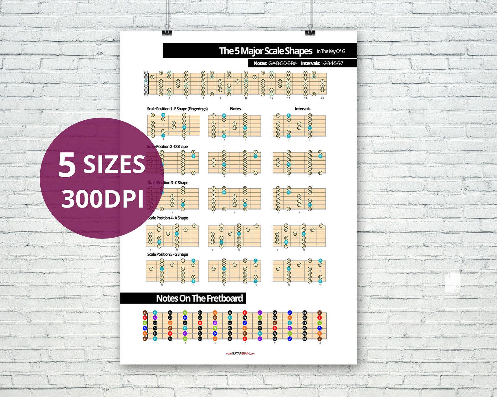 Guitar Poster: the 5 Major Scale Shapes Chart + Fretboard Notes Diagram ...