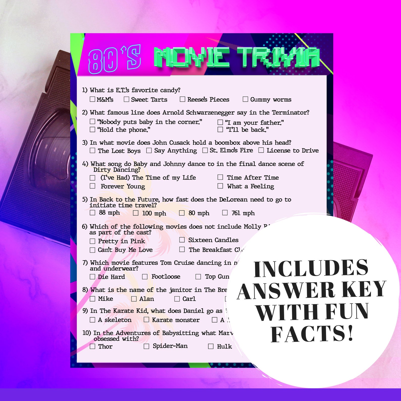 80s Movie Trivia Quiz W/ Answers Printable Trivia Game 80s - Etsy