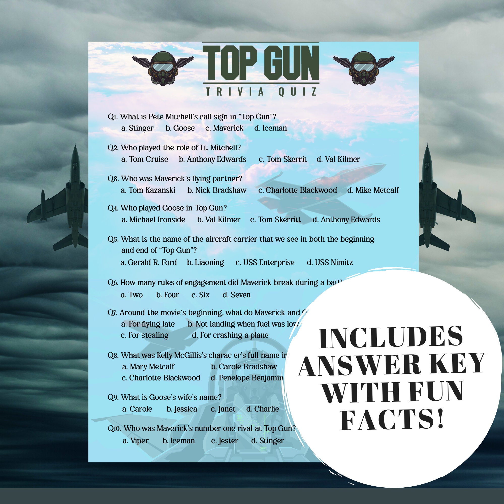 Top Gun Movie Trivia Quiz W/ Answers Printable Trivia Game, Top Gun ...