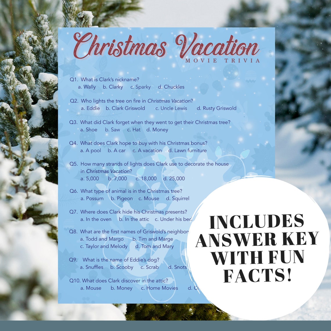 Christmas Vacation Movie Trivia Quiz W/ Answers Printable Trivia Game ...