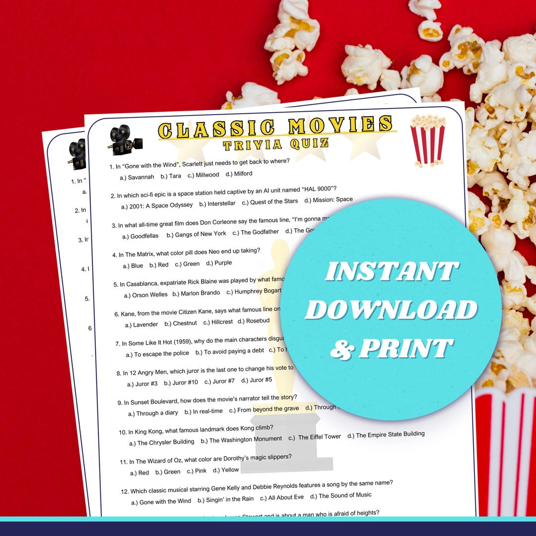 Classic Movie Trivia Quiz - Printable Trivia Game, Classic Movie Party ...