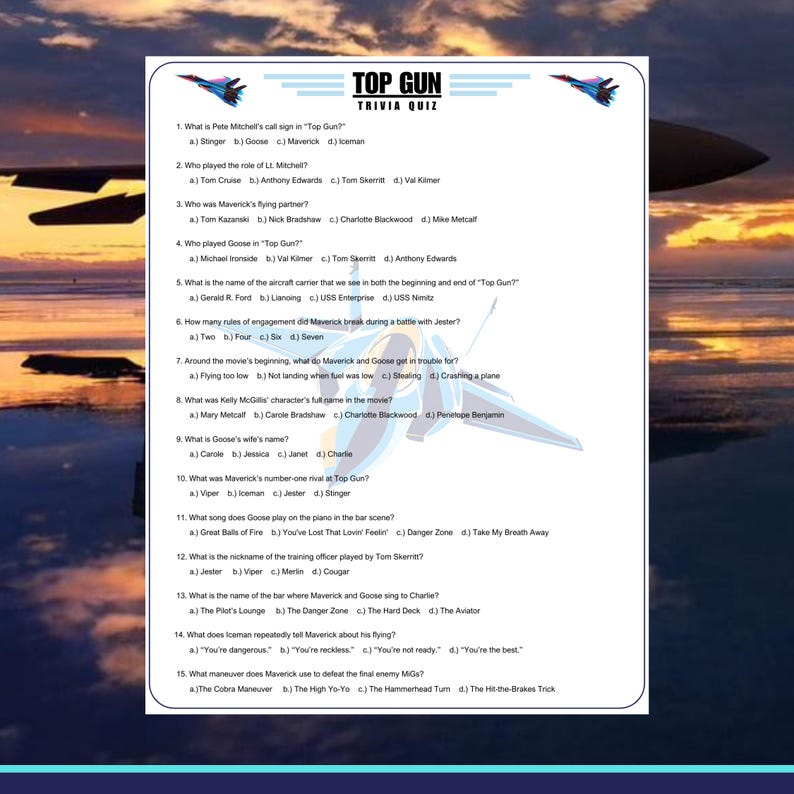 Top Gun Movie Trivia Quiz - Printable Trivia Game, Top Gun Party Game ...