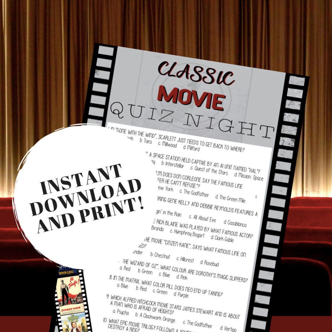 Classic Movie Trivia Quiz W/ Answers Printable Trivia Game | Etsy