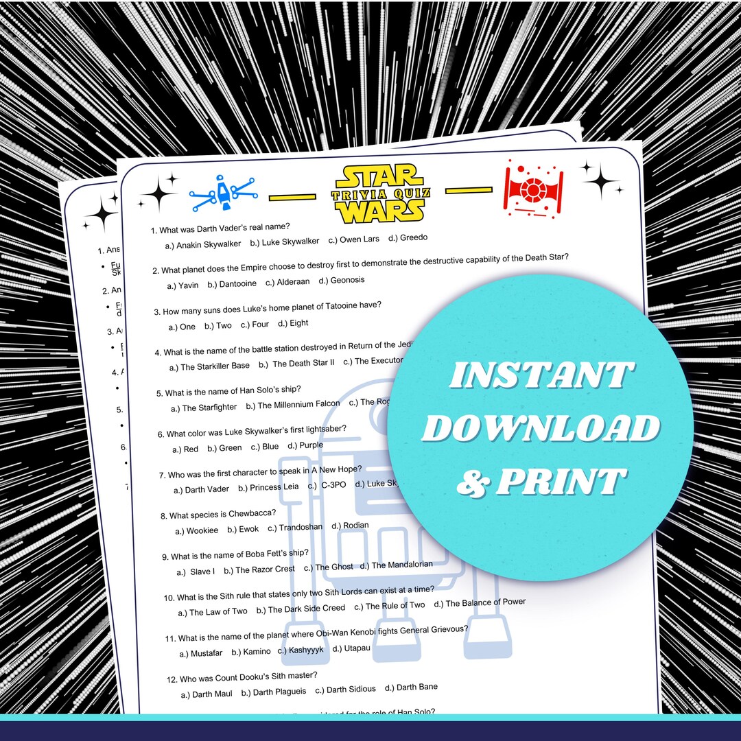 Star Wars Movie Trivia Quiz - Printable Trivia Game, Star Wars Party ...