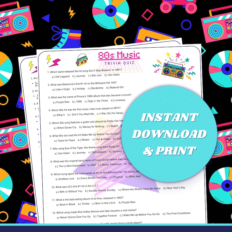80s Music Trivia Quiz: Printable Party Game (PDF) - Etsy