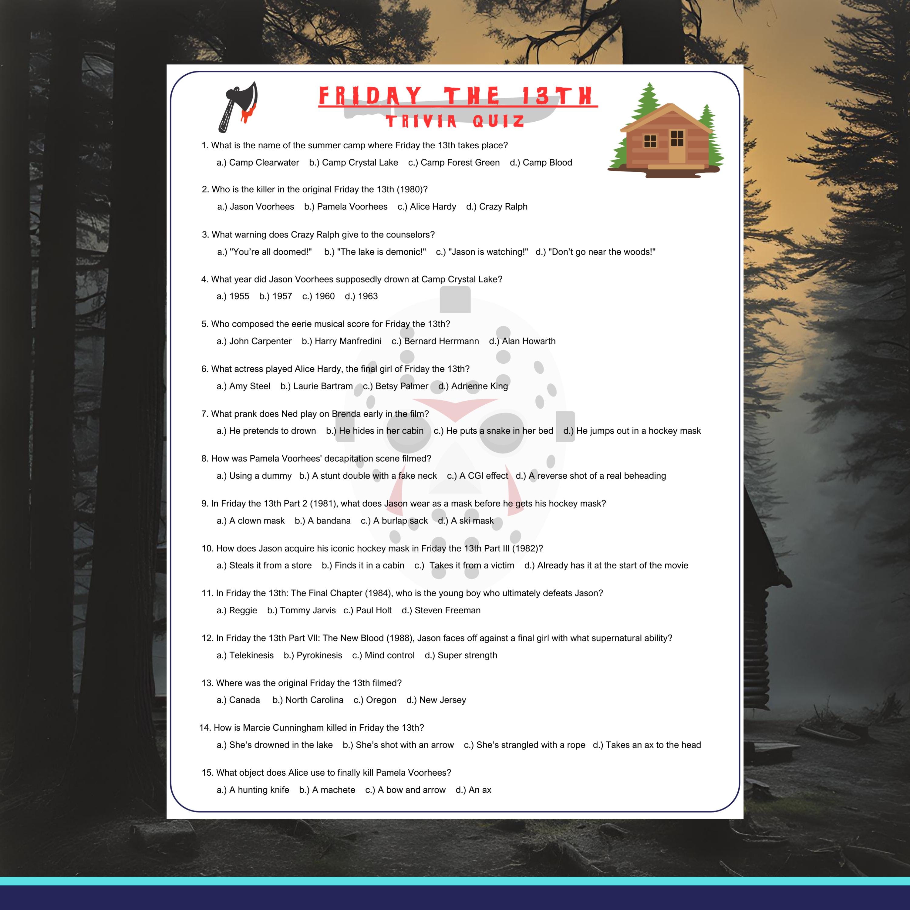 Friday the 13th Trivia Quiz - Printable Trivia Game, Horror Movie Party ...
