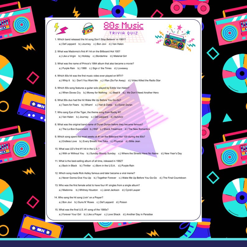 80s Music Trivia Quiz: Printable Party Game (PDF) - Etsy