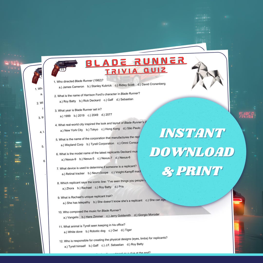 Blade Runner Quiz - Printable 80s Sci-fi Movie Trivia, Harrison Ford ...