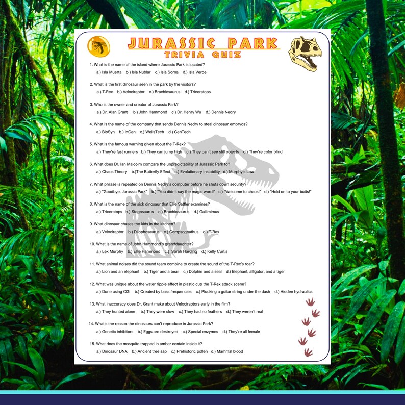 Jurassic Park Trivia Quiz: Movie Party Game (printable PDF) - Etsy