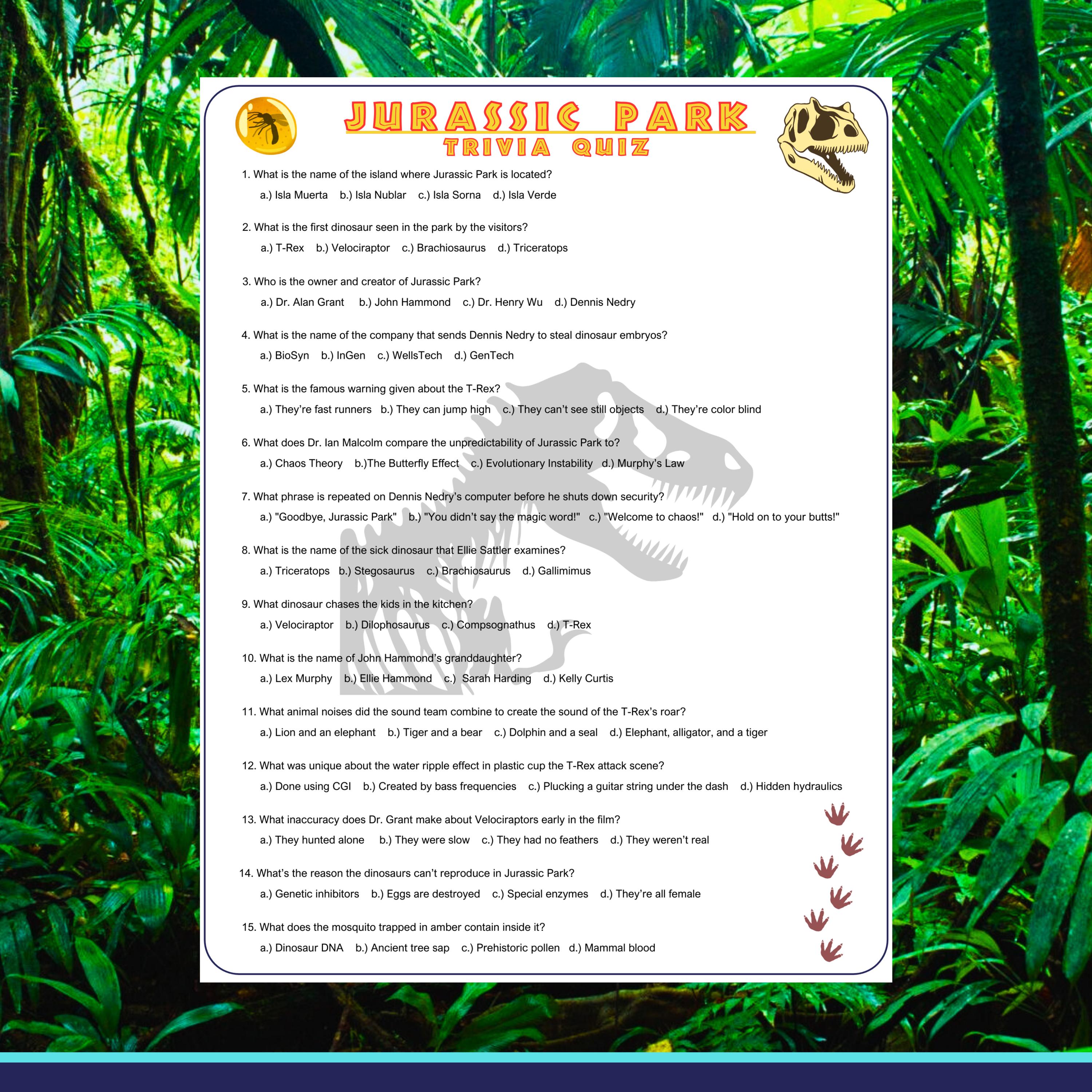 Jurassic Park Trivia Quiz - Printable Trivia Game, Movie Party Game ...