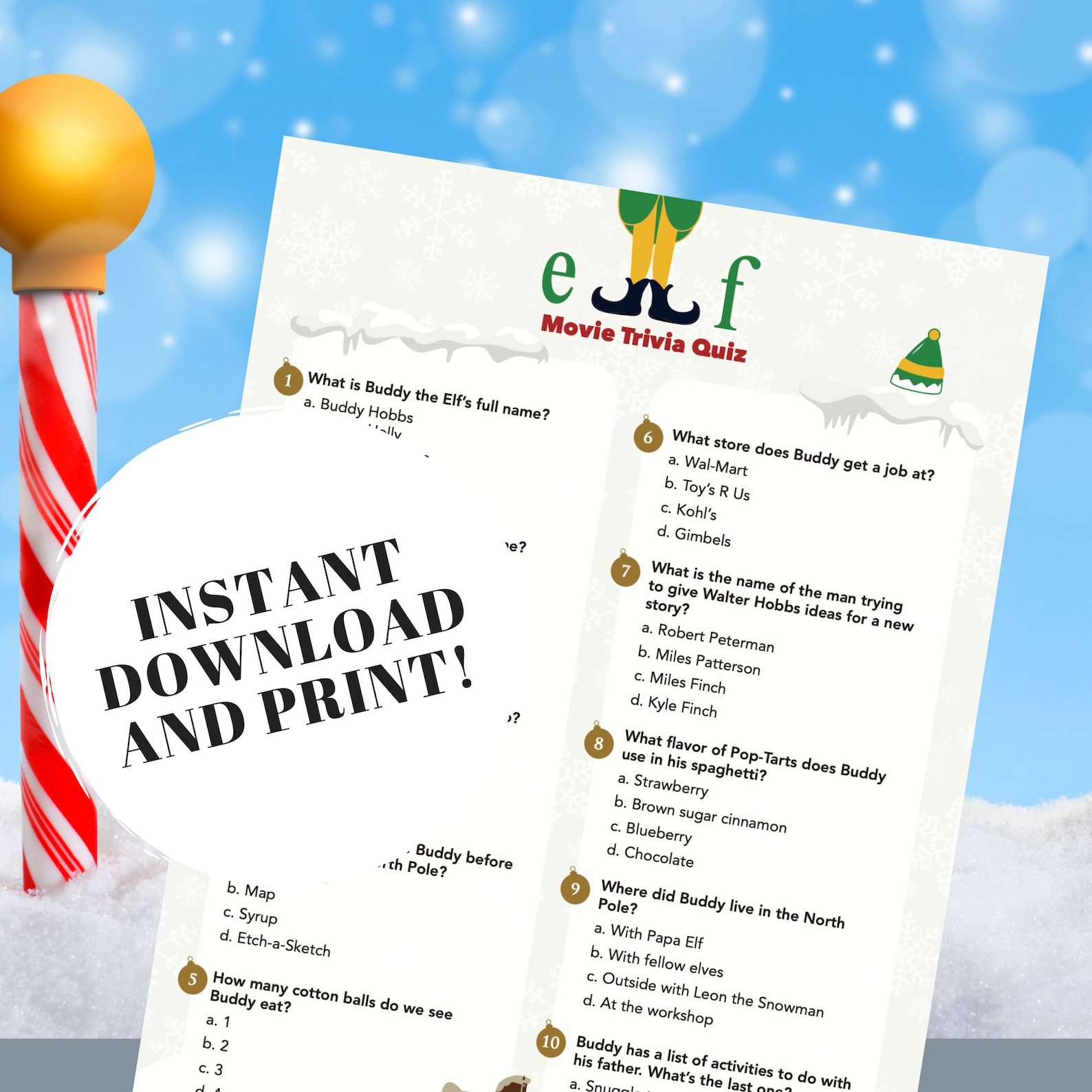 Elf Movie Trivia Quiz W/ Answers Printable Trivia Game, Elf Party Game ...