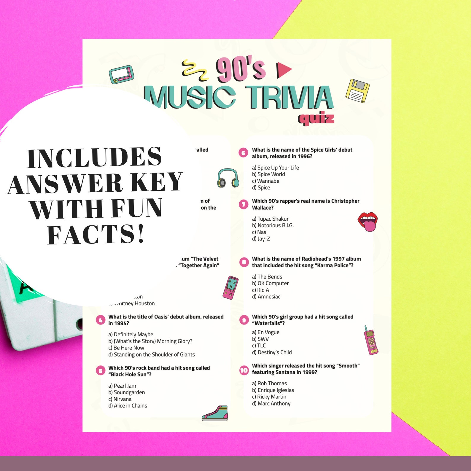 90s Music Trivia Quiz W/ Answers Printable Trivia Game, 90s Party Game ...