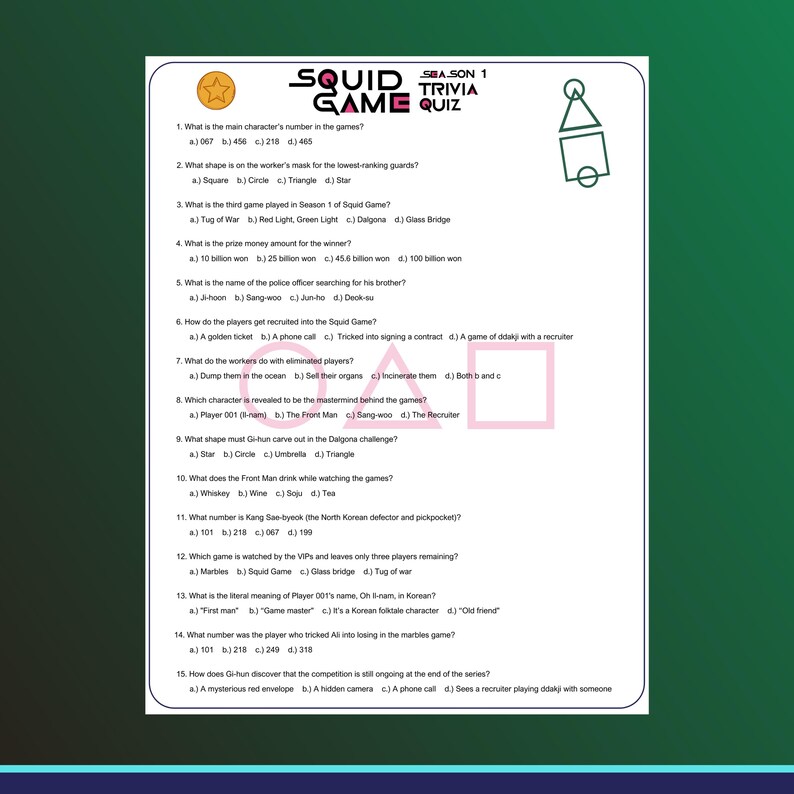 Squid Game Trivia Quiz Printable Trivia Quiz, Squid Game Season 1 Quiz ...