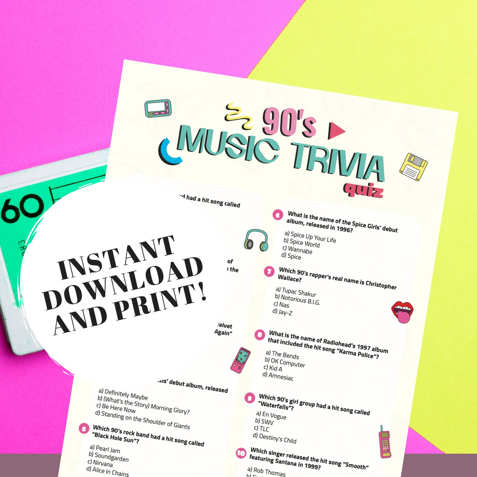 90s Music Trivia Quiz W/ Answers Printable Trivia Game, 90s Party Game ...