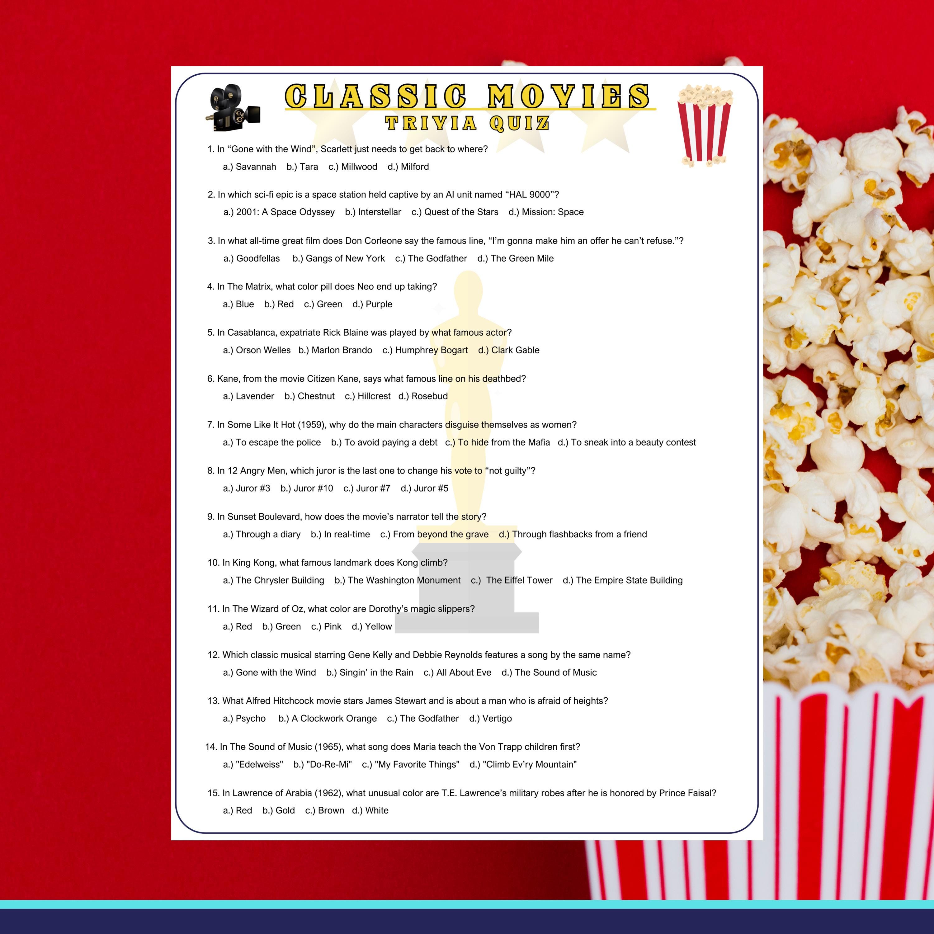 Classic Movie Trivia Quiz - Printable Trivia Game, Classic Movie Party ...