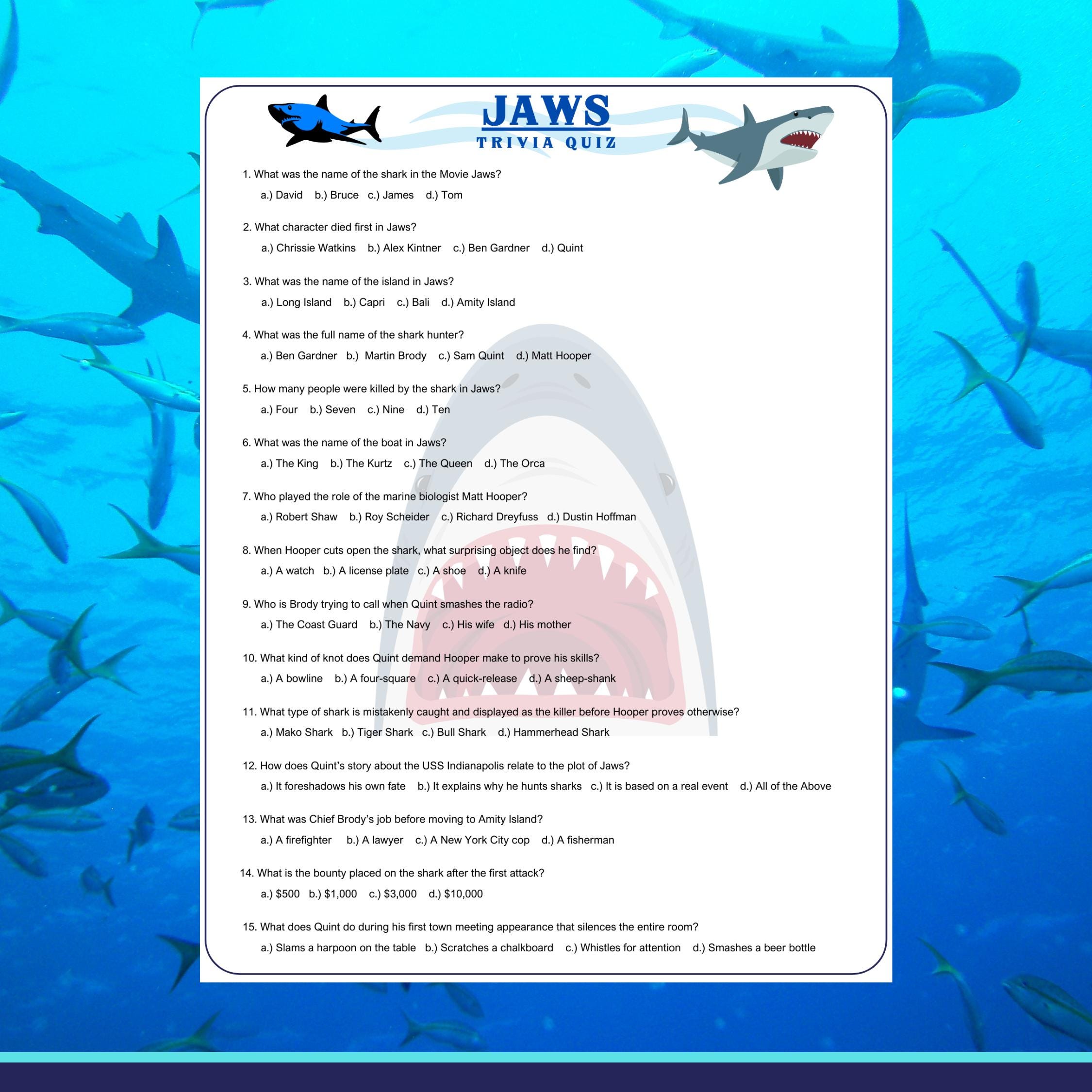 Jaws Movie Trivia Quiz Game - Printable Party Game (PDF) - Etsy