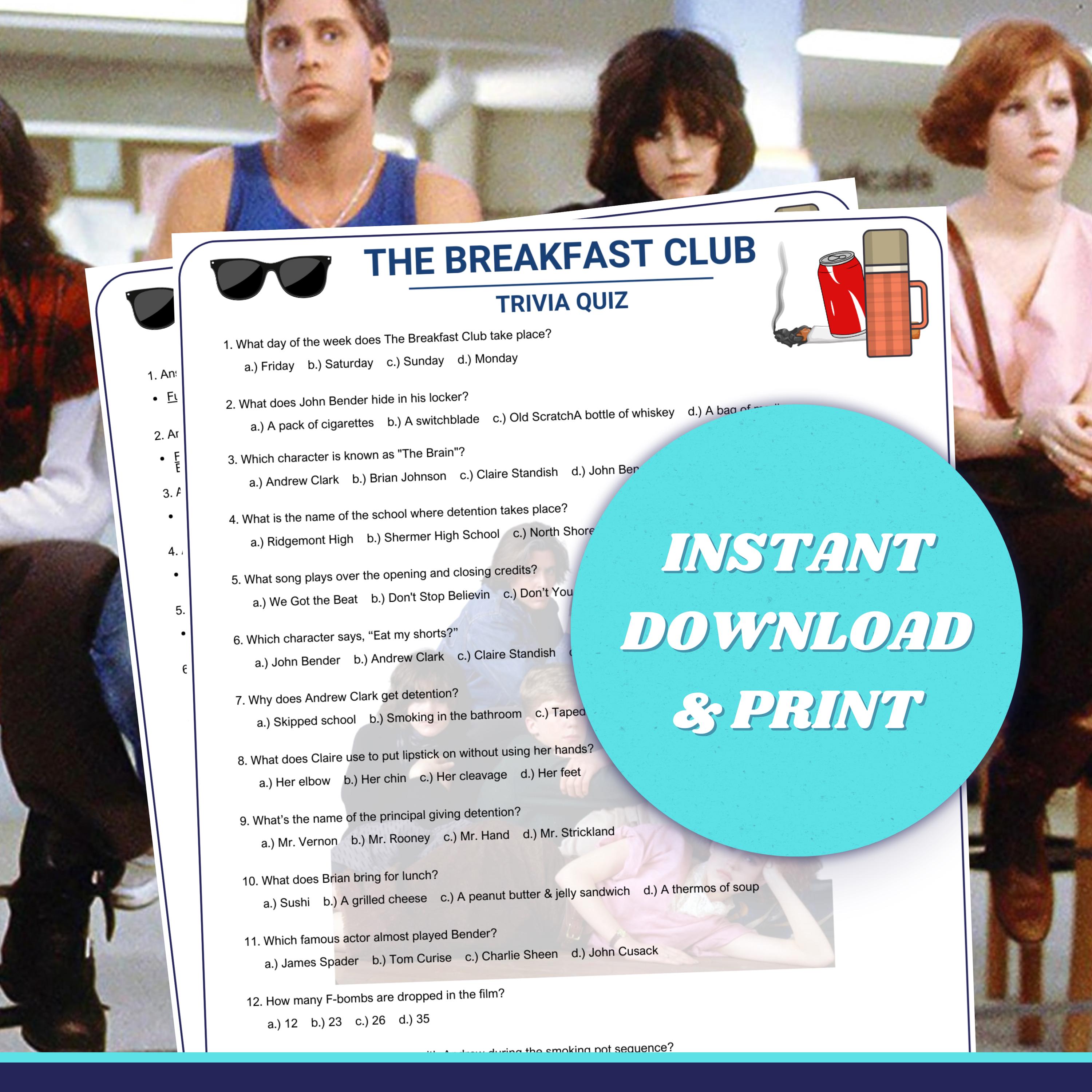 The Breakfast Club Trivia Quiz - Printable Trivia Game, 80s Movie Quiz ...
