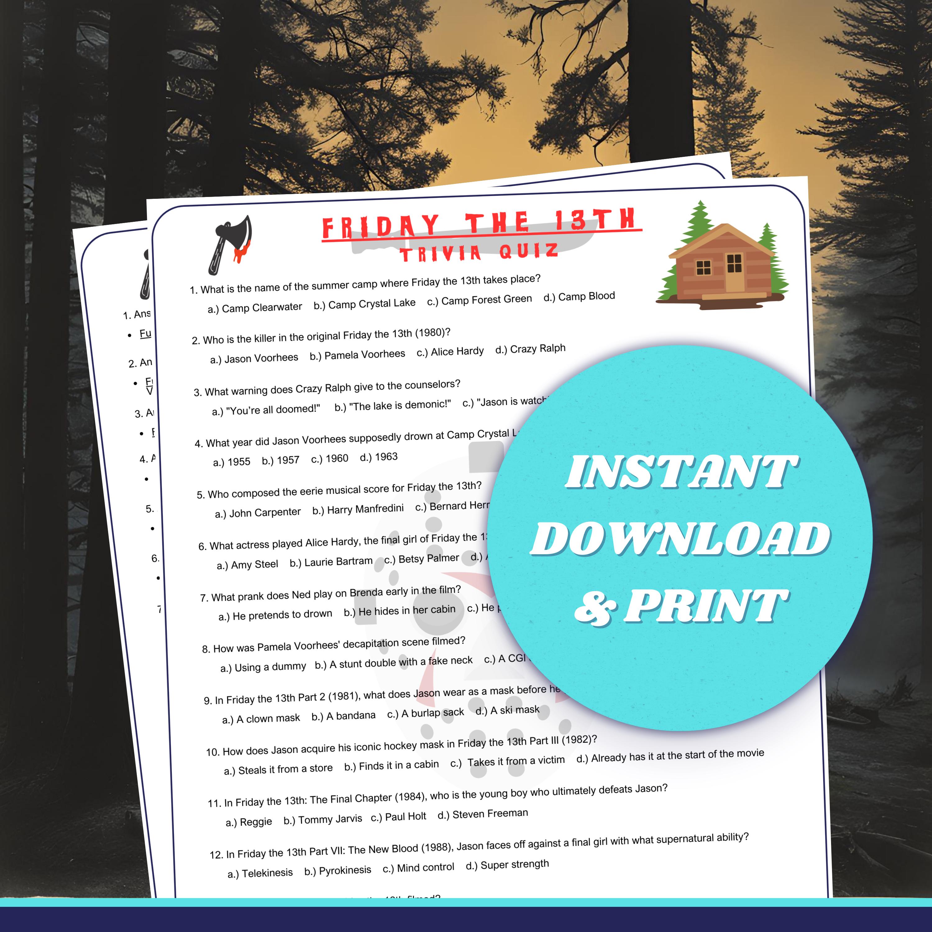 Friday the 13th Trivia Quiz - Printable Trivia Game, Horror Movie Party ...