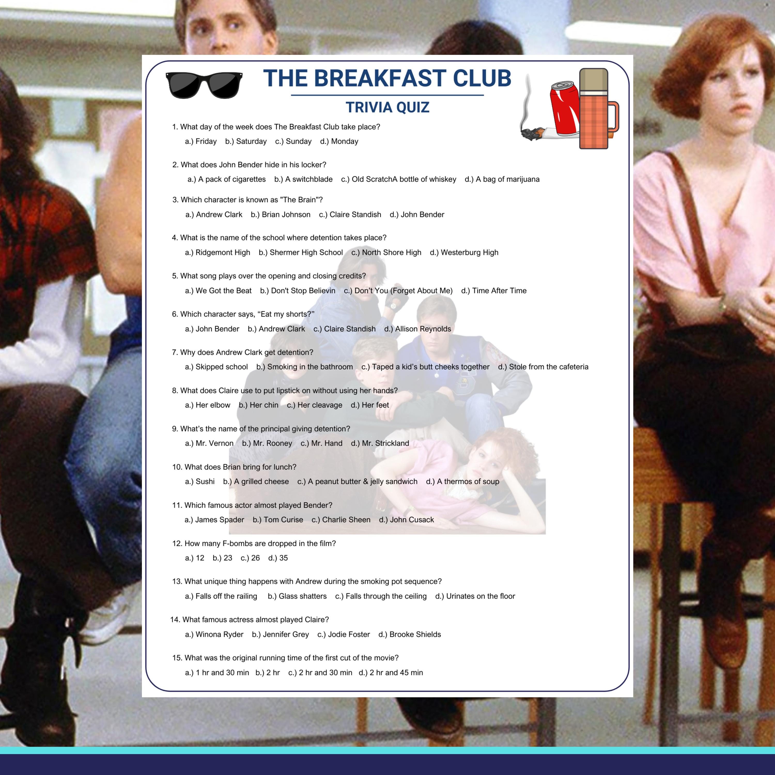 The Breakfast Club Trivia Quiz - Printable Trivia Game, 80s Movie Quiz ...