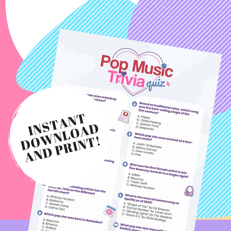 Pop Music Trivia Quiz W/ Answers Printable Trivia Game, Pop Music Party ...