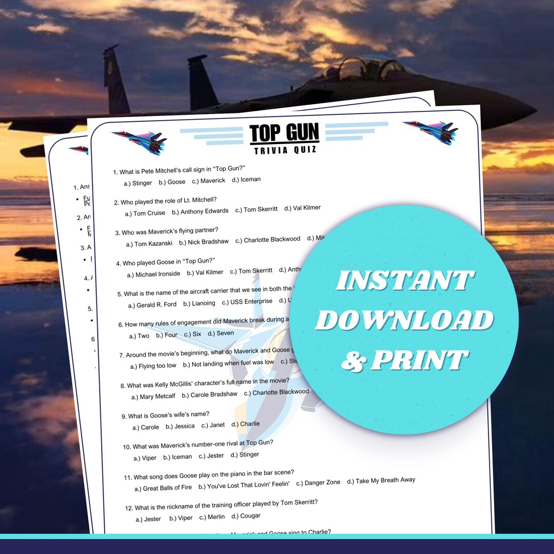 Top Gun Movie Trivia Quiz Printable Trivia Game, Top Gun Party Game ...