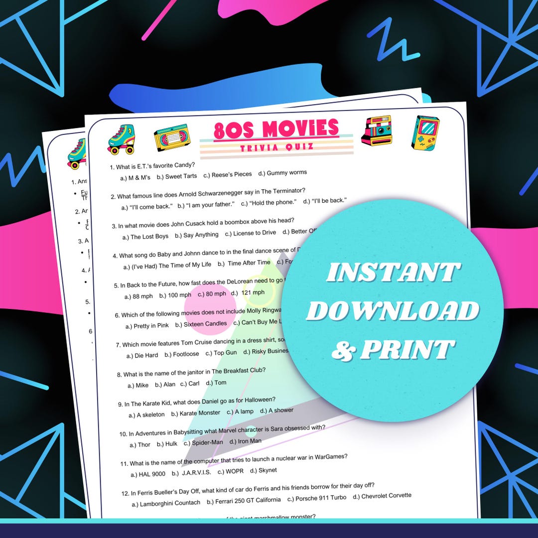 80s Movie Trivia Quiz - Printable Trivia Game, 80s Party Game, 80s ...
