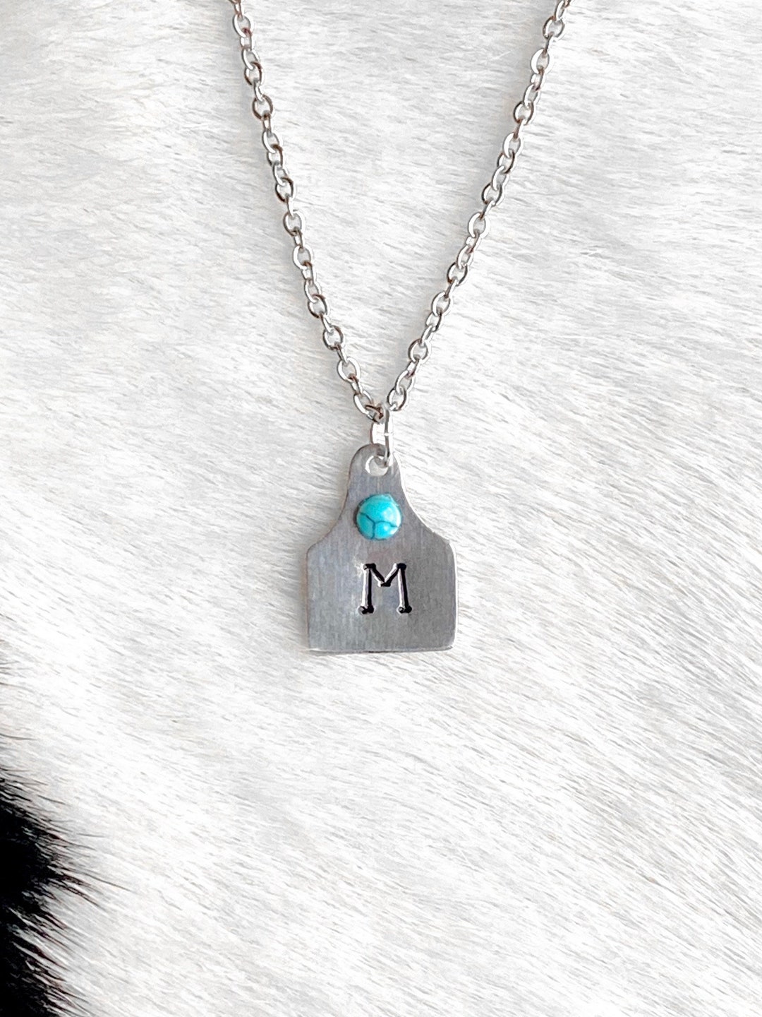 Tiny Turquoise Cattle Tag Initial Necklace - Handstamped Western ...