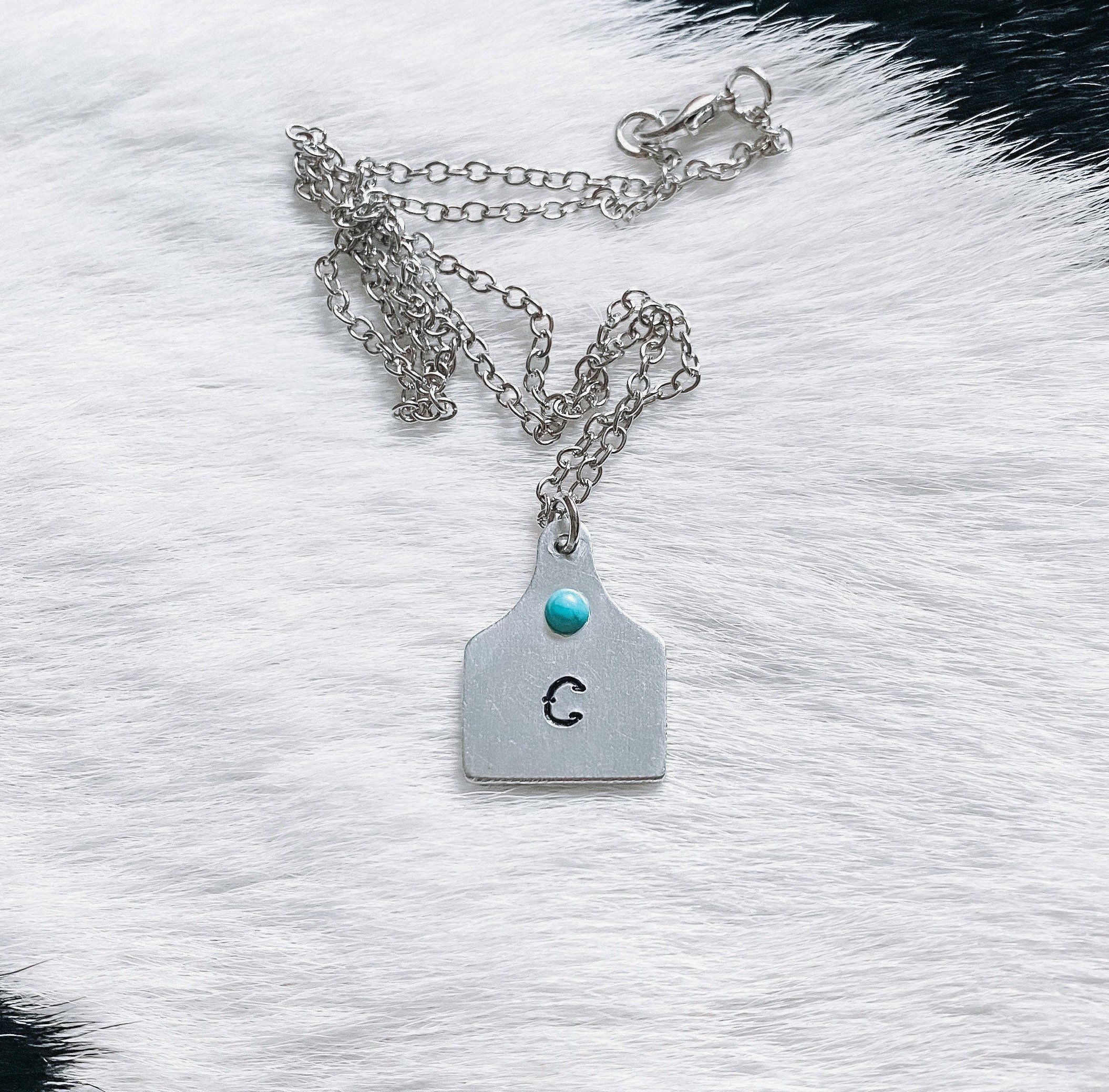 Small Turquoise Cattle Tag Initial Necklace Handstamped - Etsy
