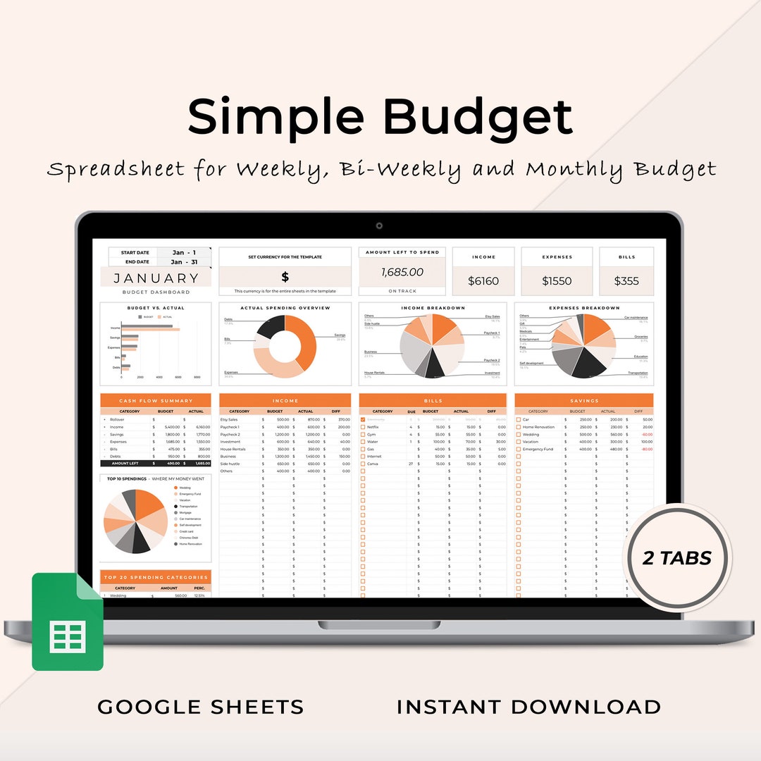 Simple Monthly Budget Spreadsheet Template, Weekly, Bi-weekly Budget ...