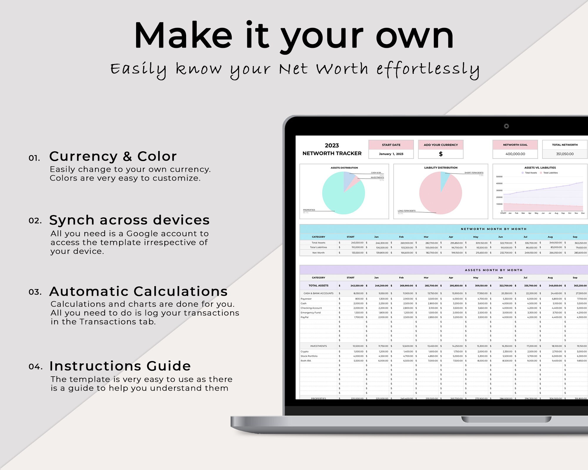Net Worth Tracker Spreadsheet, Annual Net Worth Calculator Dashboard ...