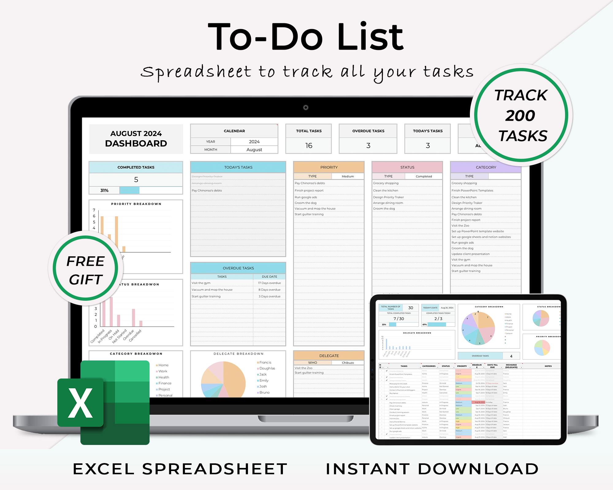 Excel to Do List Tracker Spreadsheet Template, Task Tracker Excel, Task ...